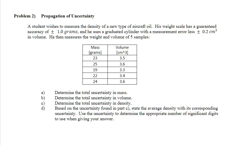 SOLVED: Problem 2) Propagation of Uncertainty A student wishes to ...