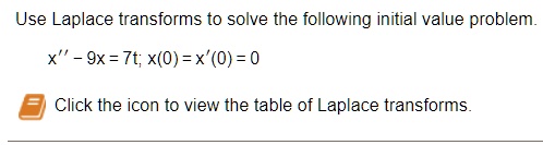 SOLVED: Use Laplace transforms to solve the following initial value problem x" 9x = 7t; x(0) =x ...