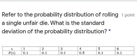 SOLVED: Refer to the probability distribution of rolling point a single unfair die. What is the ...