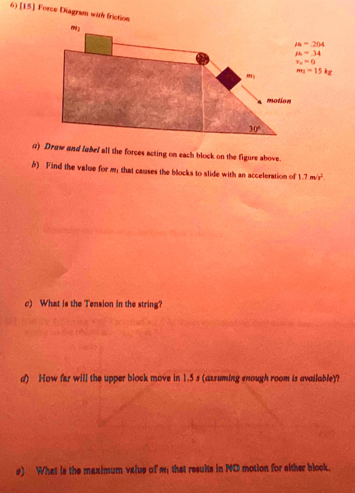 6) [15] Force Diagram with friction m2 = .204 = .34 v0 = 0 m2 = 15 kg ...