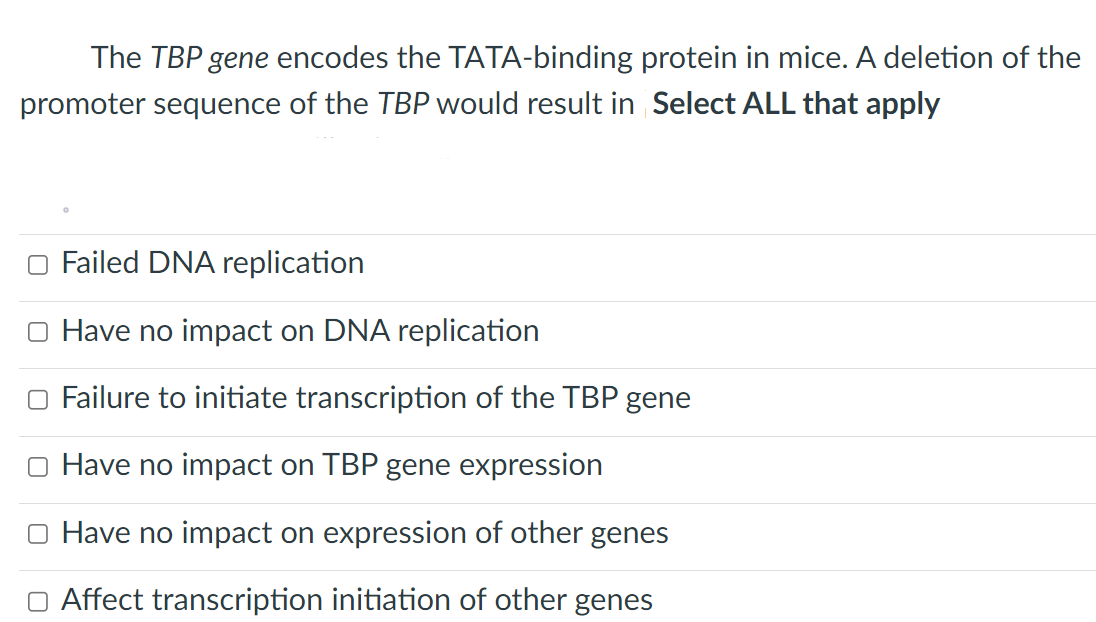 SOLVED: The TBP gene encodes the TATA-binding protein in mice. A deletion of the promoter ...