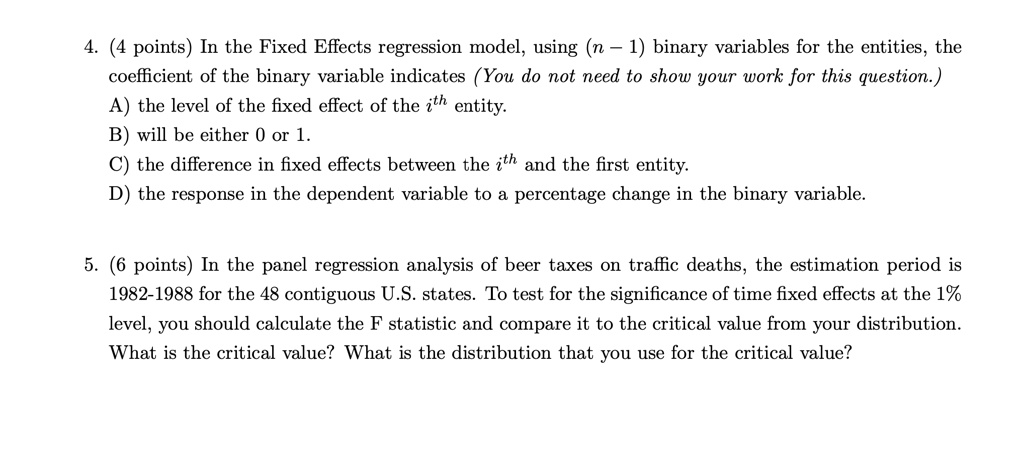 Solved Points In The Fixed Effects Regression Model Using N 1 Binary Variables For The