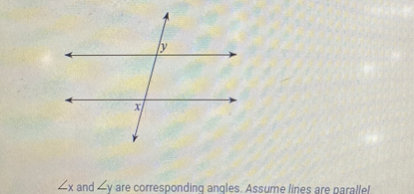 SOLVED: ∠ x and ∠ y are corresponding angles. Assume lines are parallel