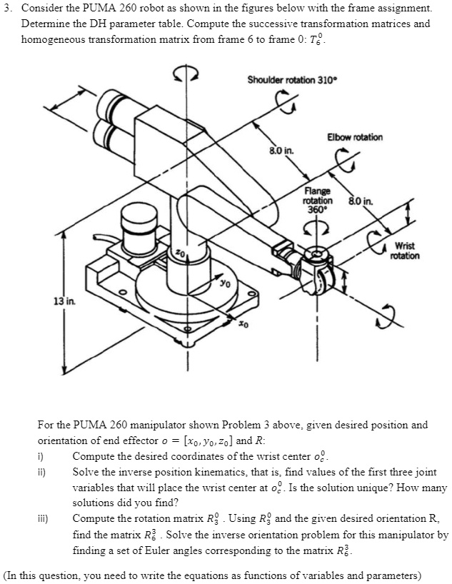SOLVED: Consider the PUMA 260 robot as shown in the figures below with the frame assignment ...