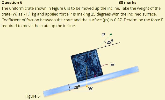 SOLVED: Question 6 30 marks The uniform crate shown in Figure 6 is to be moved up the incline ...