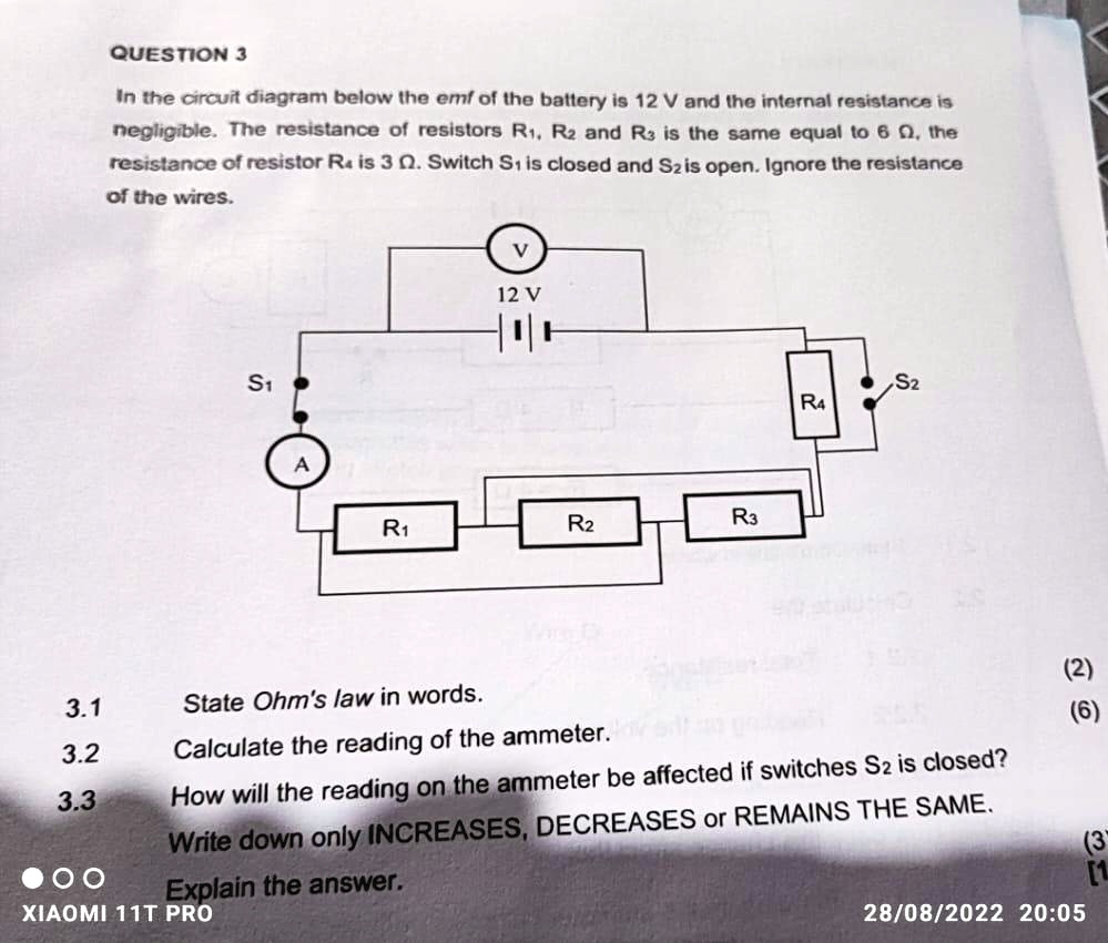 QUESTION 3 In the circuit diagram below the emf of the battery is 12 V and the internal ...