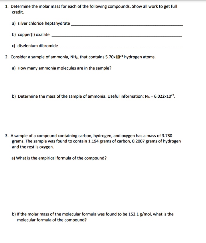 SOLVED:Determine the molar mass for each of the following compounds ...