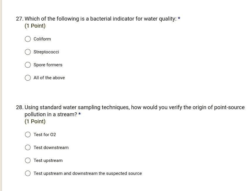 SOLVED: 27. Which of the following is a bacterial indicator for water ...