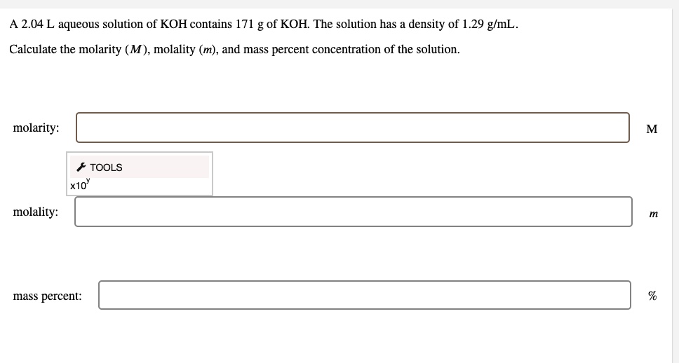SOLVED: A 2.04 L aqueous solution of KOH contains 171 g of KOH. The ...