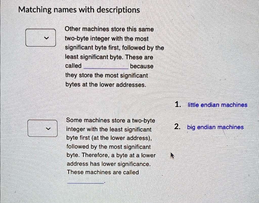SOLVED: Matching names with descriptions 1. little endian machines ...