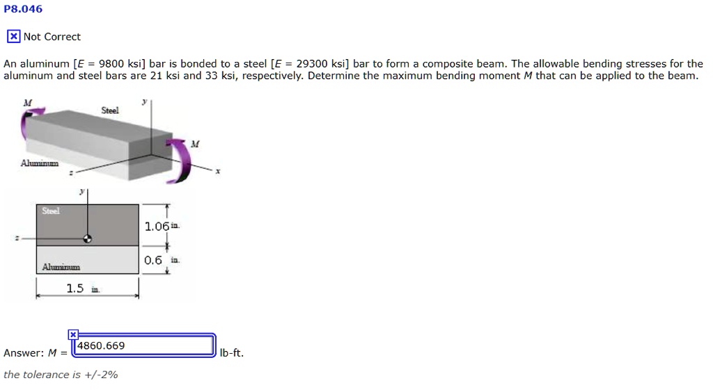 SOLVED: An aluminum [E = 9800 ksi] bar is bonded to a steel [E = 29300 ...