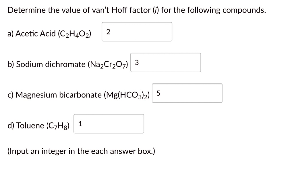 SOLVED: Determine the value of van't Hoff factor (i) for the following compounds. a) Acetic Acid ...