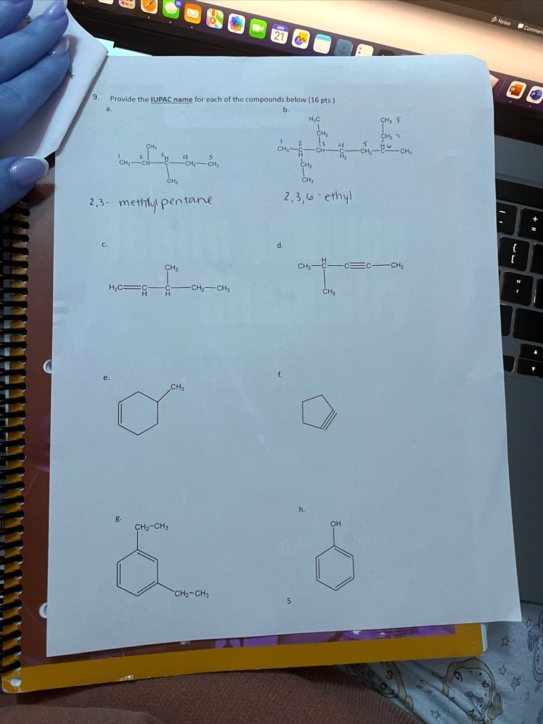 9 provide the iupac name for each of the compounds below 16 pts a ch3 ...