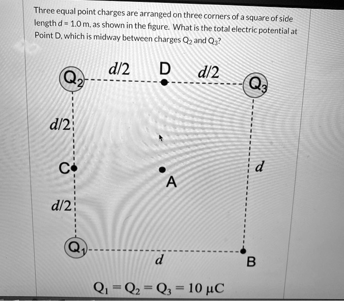 Three equal point charges are arranged on three corners of a square of ...
