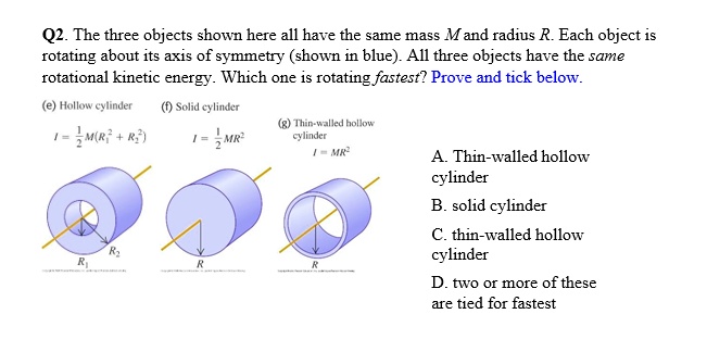 SOLVED: Q2 The three objects shown here all have the same mass M and radius R. Each object is ...
