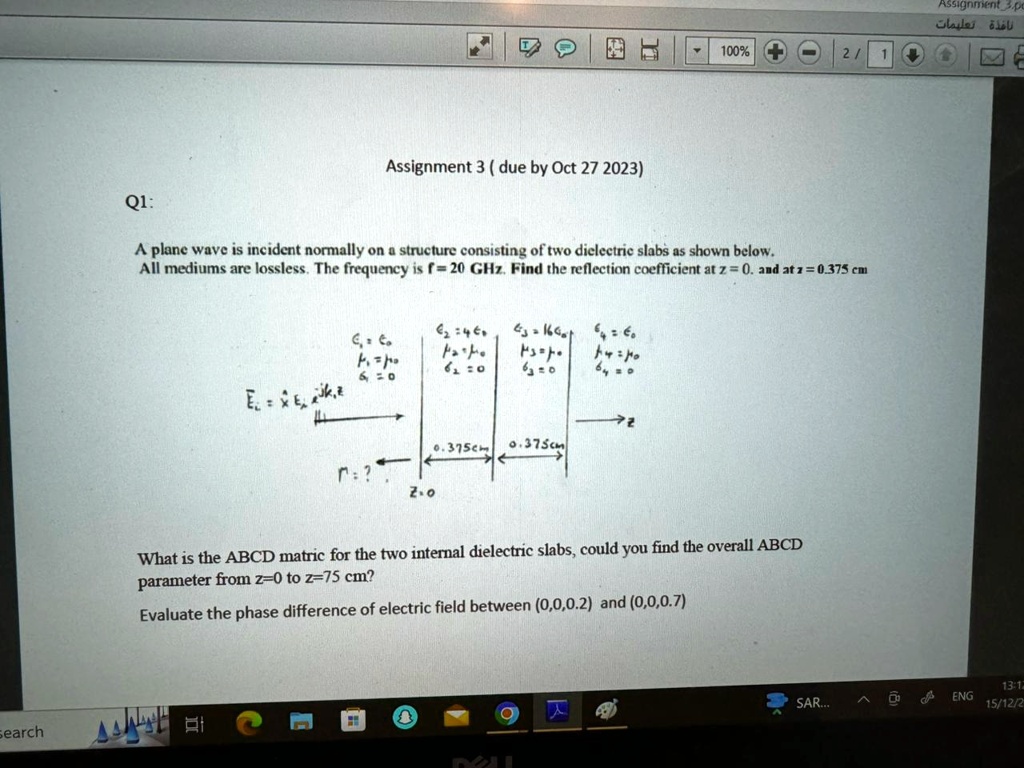 SOLVED: Q1: A plane wave is incident normally on a structure consisting of two dielectric slabs ...