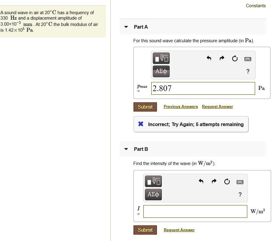 SOLVED: Constants A sound wave in air at 20" C has a frequency of 330 ...