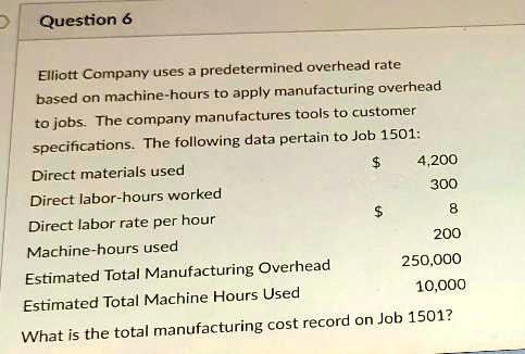 SOLVED: Question 6 Elliott Company uses predetermined overhead rate ...
