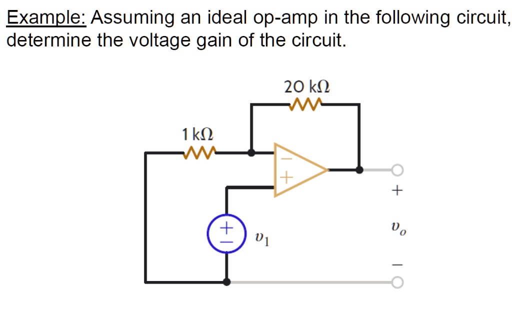 SOLVED: Example: Assuming an ideal op-amp in the following circuit determine the voltage gain of ...
