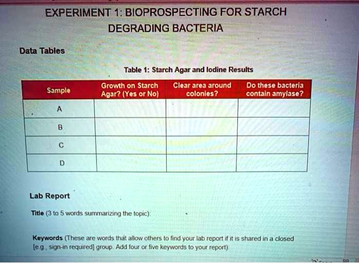 SOLVED: EXPERIMENT: BIOPROSPECTING FOR STARCH-DEGRADING BACTERIA Data ...