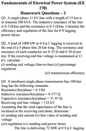 Fundamentals of Electrical Power System (EE 270) Homework Questions - 2 ...