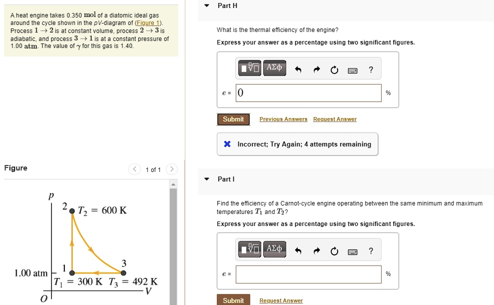 SOLVED: A heat engine takes 0.350 mol of a diatomic ideal gas around ...