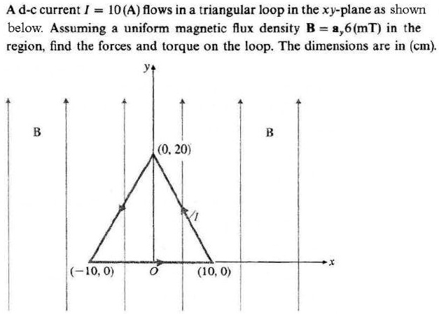 SOLVED: Ad-c current I=10A flows in a triangular loop in the xy-plane as shown below. Assuming a ...