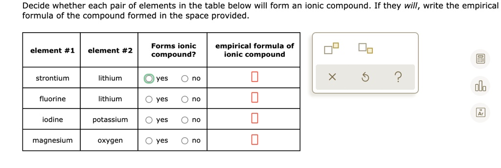 SOLVED: Decide whether each pair of elements in the table below will form an ionic compound: If ...