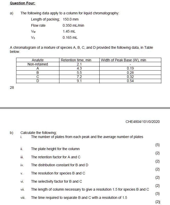 question fqur the following data apply to column for liquid ...