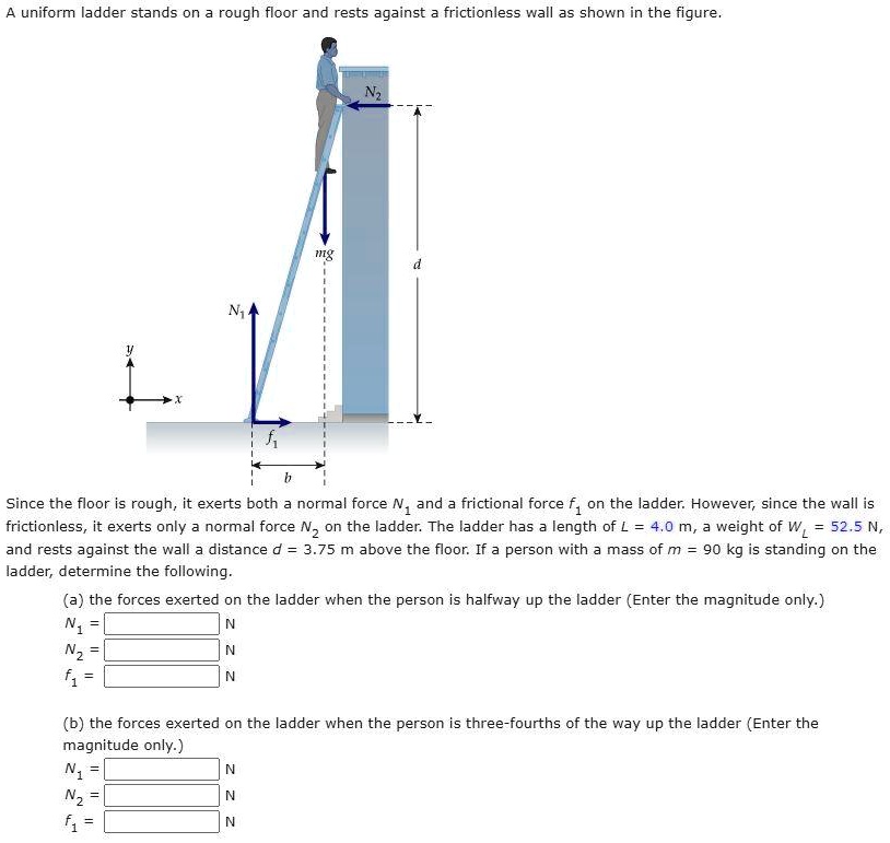 SOLVED: uniform ladder stands on rough floor and rests against frictionless wall as shown in the ...