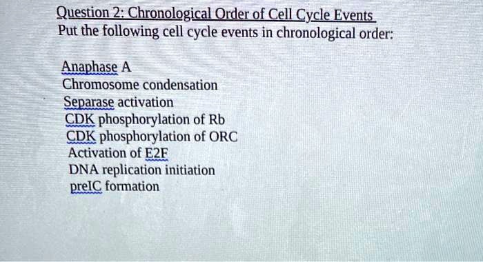 Question 2: Chronological Order of Cell Cycle Events Put the following ...