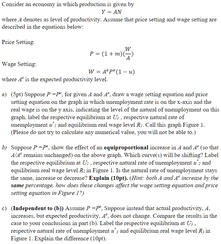 SOLVED: Consider an economy in which production is given by Y=AN, where ...