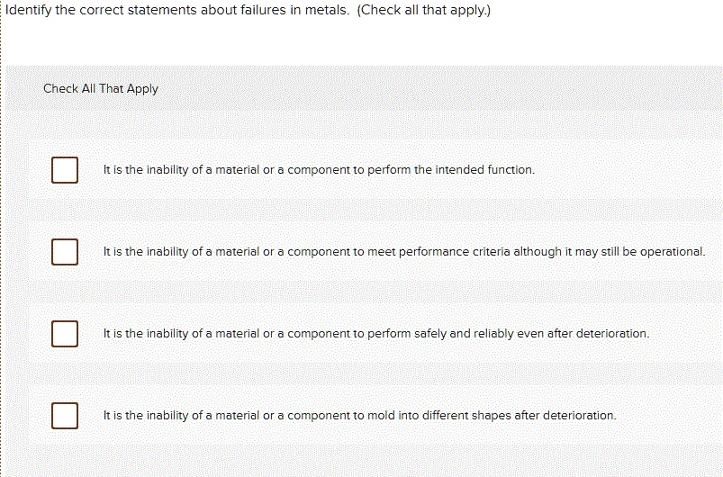 Identify the correct statements about failures in metals. (Check all ...
