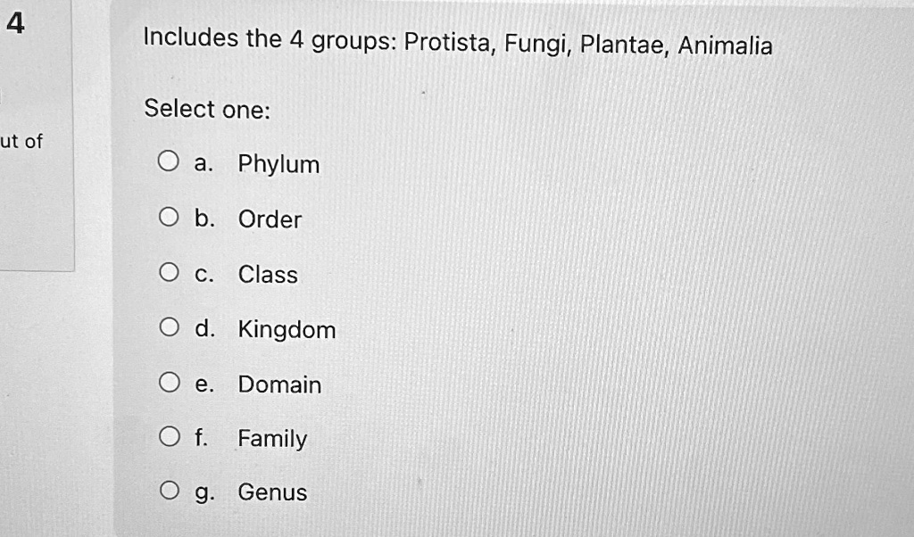 4 ut of Includes the 4 groups: Protista, Fungi, Plantae, Animalia ...