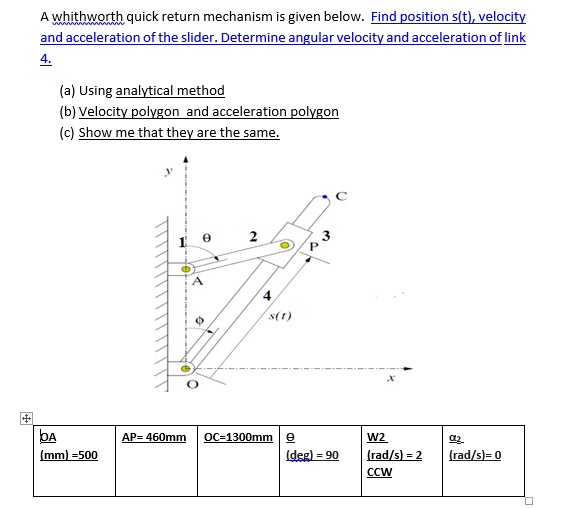 SOLVED: A Whitworth quick return mechanism is given below. Find position s(t), velocity, and ...