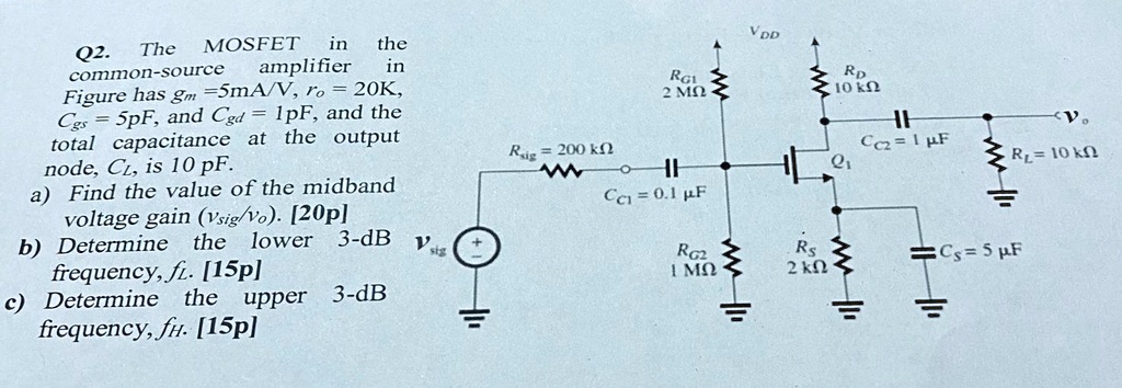 SOLVED: Q2. The MOSFET in the common-source amplifier in Figure has gm ...