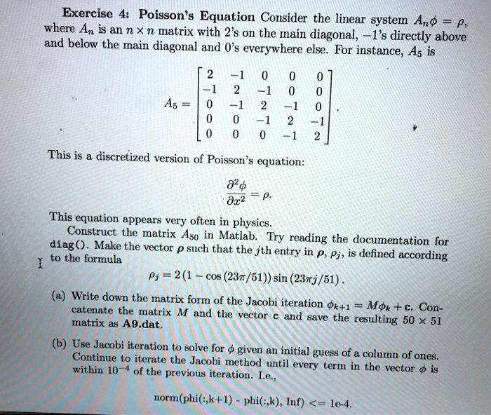 Exercise 4: Poisson's Equation Consider the linear system An ϕ = ρ, where An is an n × n matrix ...