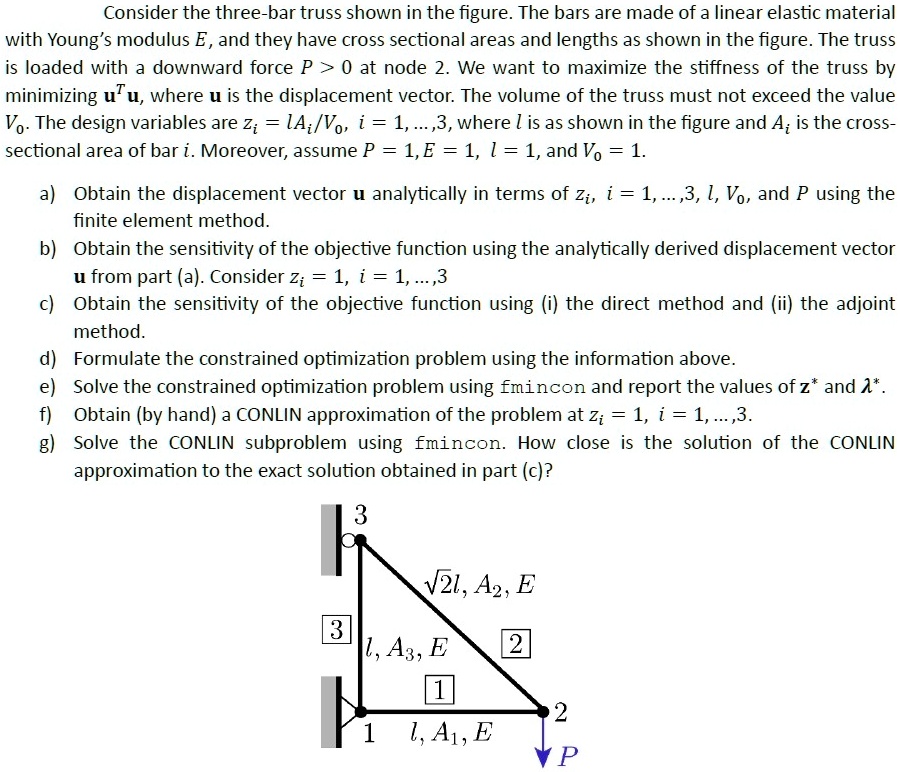Consider the three-bar truss shown in the figure. The bars are made of a linear elastic material ...