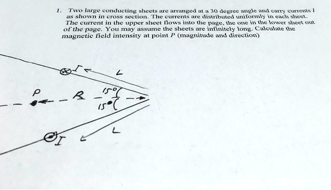 SOLVED: I.Two large conducting sheets are arranged at a 30 degree angle ...