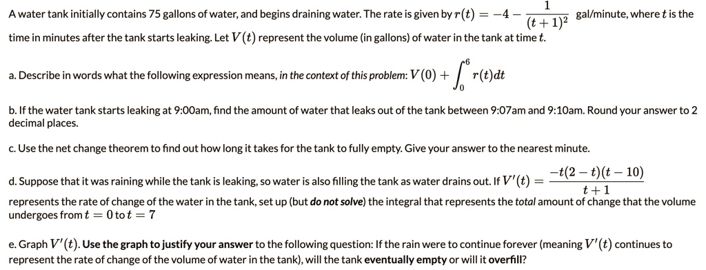 A water tank initially contains 75 gallons of water and begins draining ...