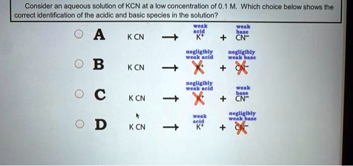 SOLVED: Consider an aqueous solution of KCN at a low concentration of 0 ...