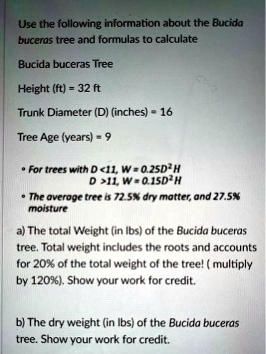 SOLVED: Text: Use the following information about the Bucida buceras ...