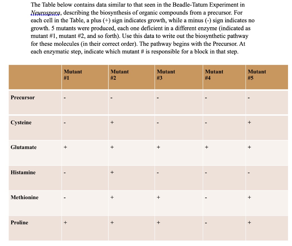 SOLVED: The Table below contains data similar to that seen in the Beadle-Tatum Experiment in ...