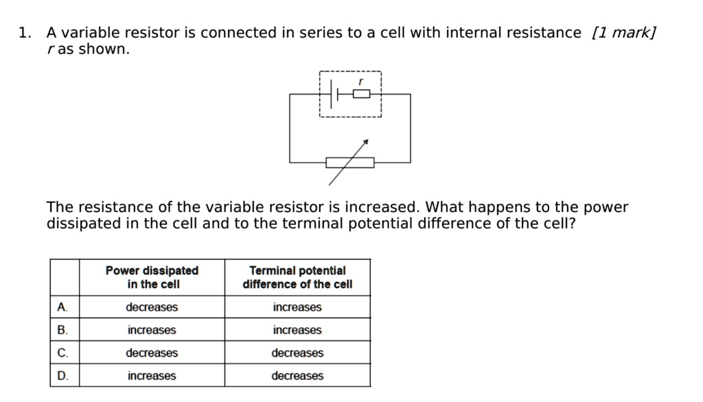 1. A variable resistor is connected in series to a cell with internal ...
