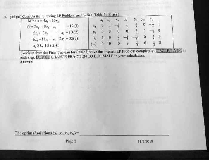 SOLVED: Consider the following LP Problem, and its Table for Phase (14 pts) Min: 44 + 151, St ...