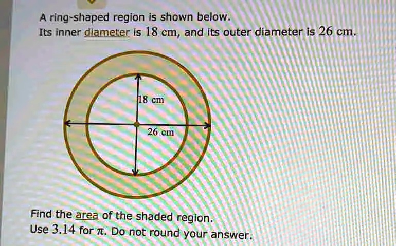 SOLVED: A ring-shaped region is shown below. Its Inner diameter Is 18 cm, and its outer diameter ...