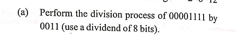(a) Perform the division process of 00001111 by 0011 (use a dividend of ...