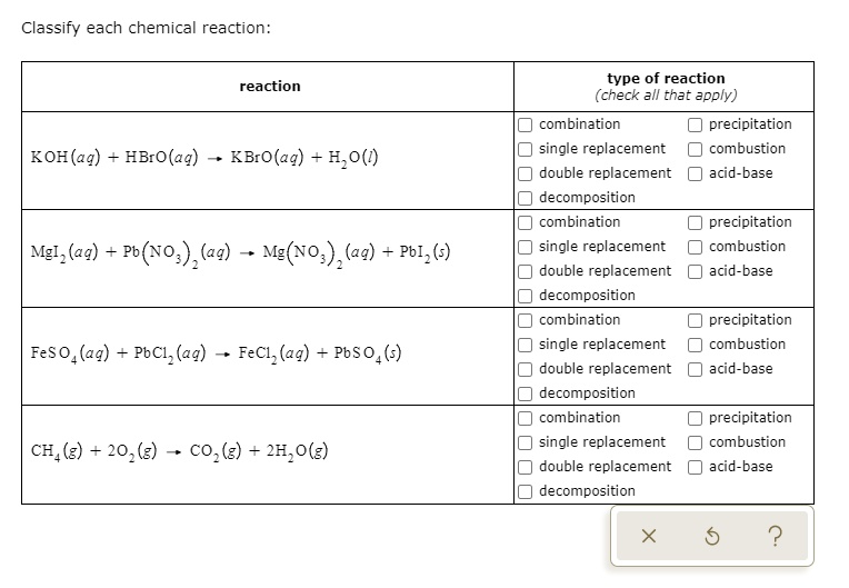 SOLVED: Classify each chemica reaction type of reaction (check all that ...