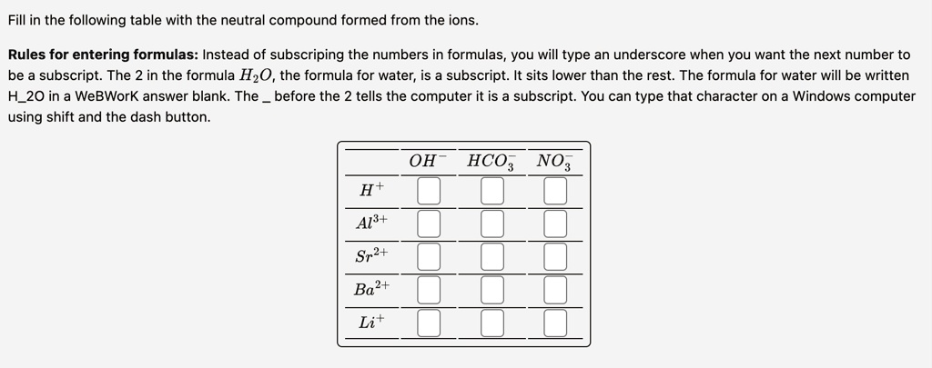 SOLVED: Texts: Fill in the following table with the neutral compound ...