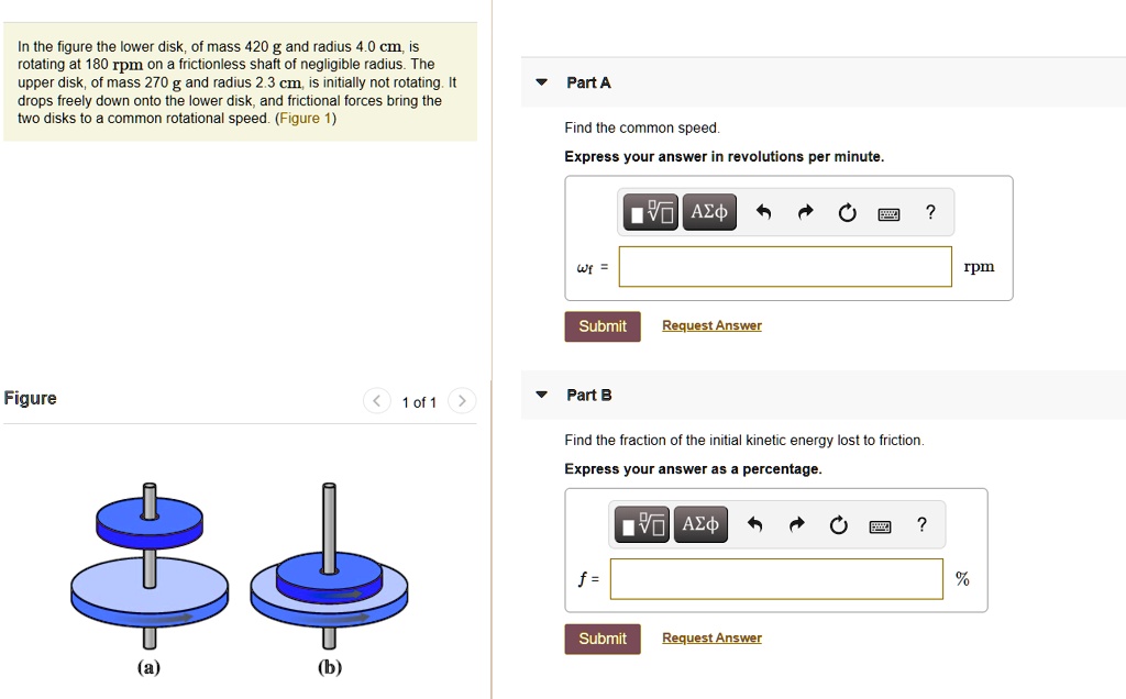 SOLVED: In the figure, the lower disk, of mass 420 g and radius 4.0 cm, is rotating at 180 rpm ...